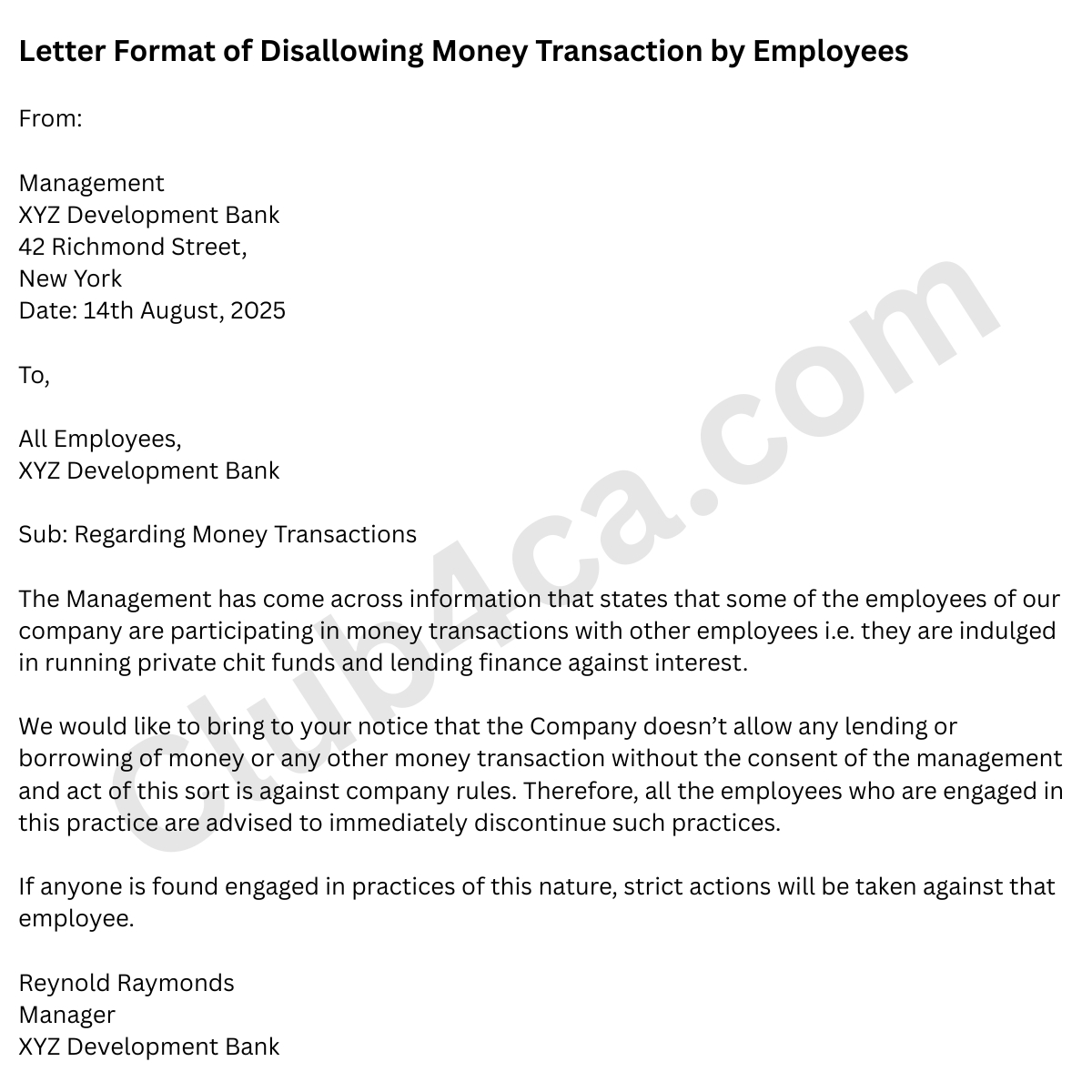 Letter Disallowing Money Transaction by Employees