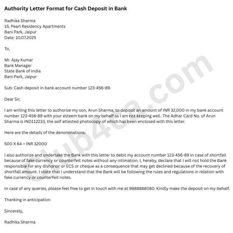 Sample Authorization Letter to Bank for Money Withdrawal