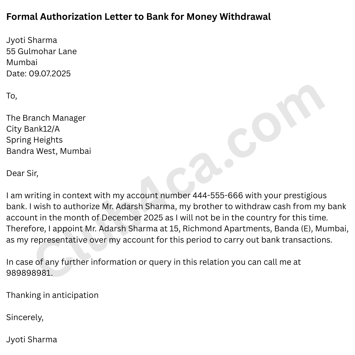 Sample Authorization Letter to Bank for Money Withdrawal