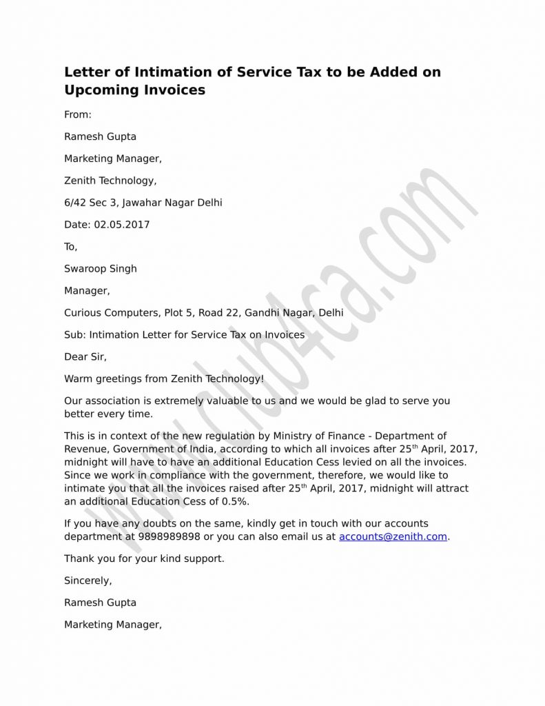 Letter Of Intimation Of Service Tax To Be Added On Future Invoices