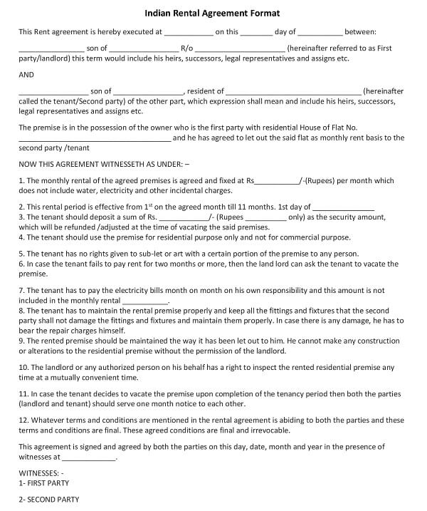 Simple Rental Agreement Format India Download Sample Format PDF Word Doc