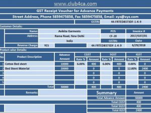 GST Receipt Voucher for Advance Payments under GST Format in Excel
