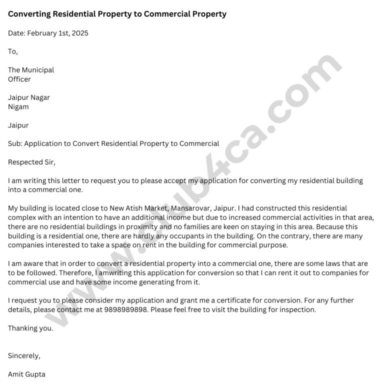 Convert Residential to Commercial Property Letter