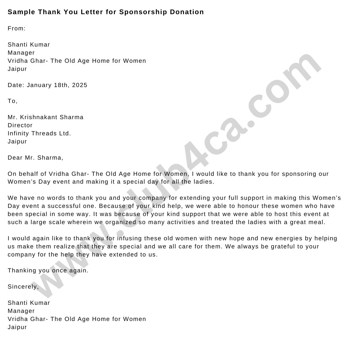 Sponsor Thank You Letter