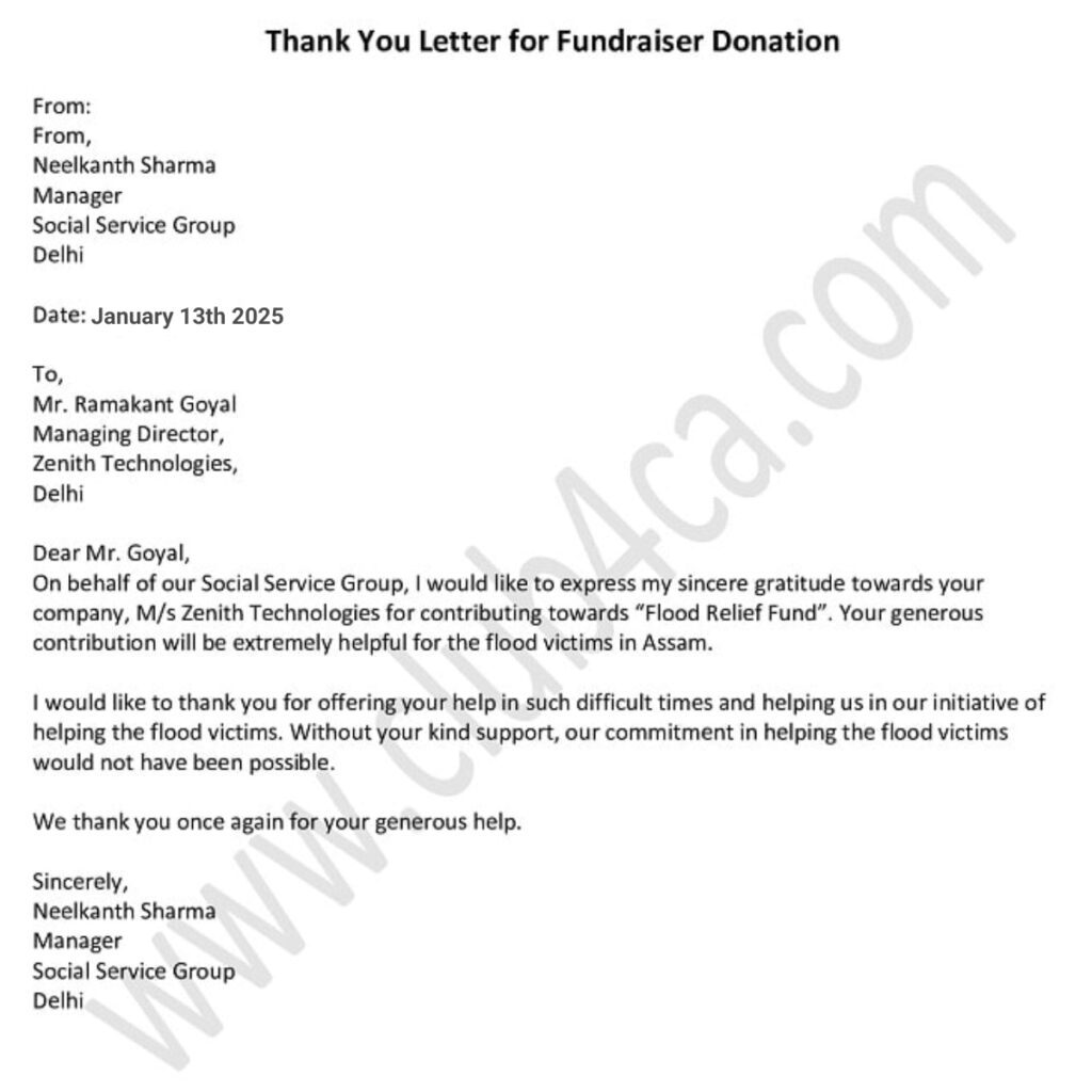 Thank You Letter for Fundraiser Donation | Donation Letter Format