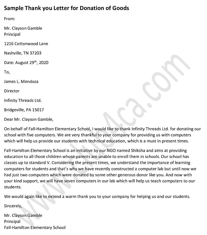 Sample Thank You Letter For Donation Of Goods Sample Thank You Letter For Donation Of Goods