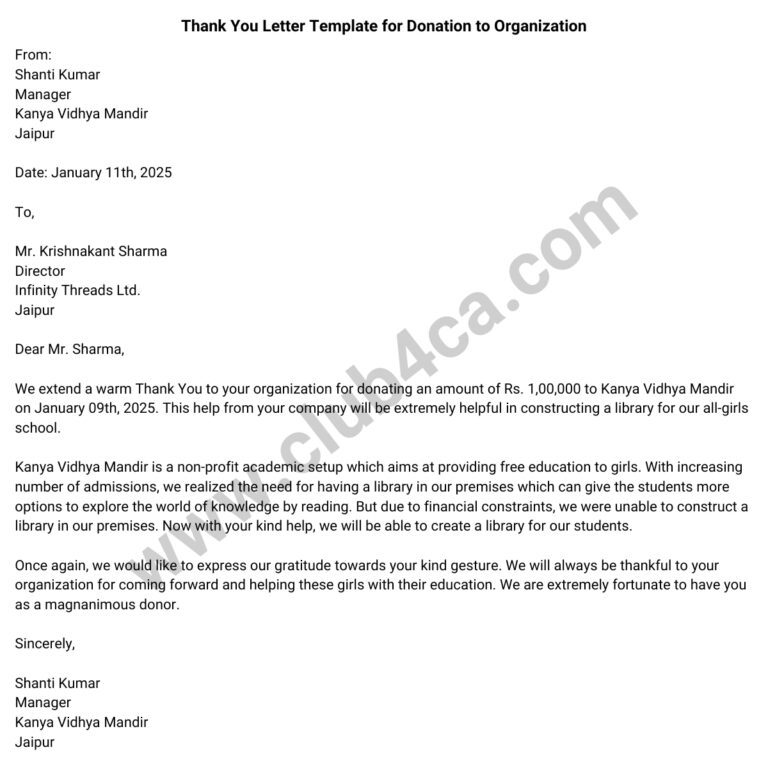 Sample Thank You Letter For Donation to Organization