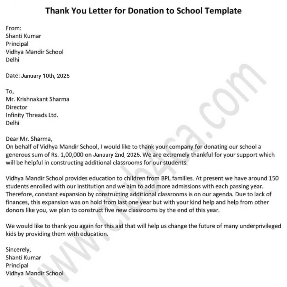 Sample Thank You Letter for Donation to School
