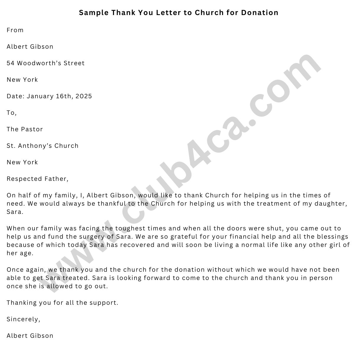 Thank you Letter Template for Donation to Church