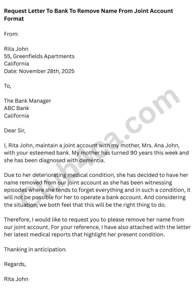 Request Letter To Bank To Remove Name From Joint Account